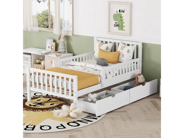 Click here for Twin Size Wood Platform Bed with Guardrails on Bot... prices