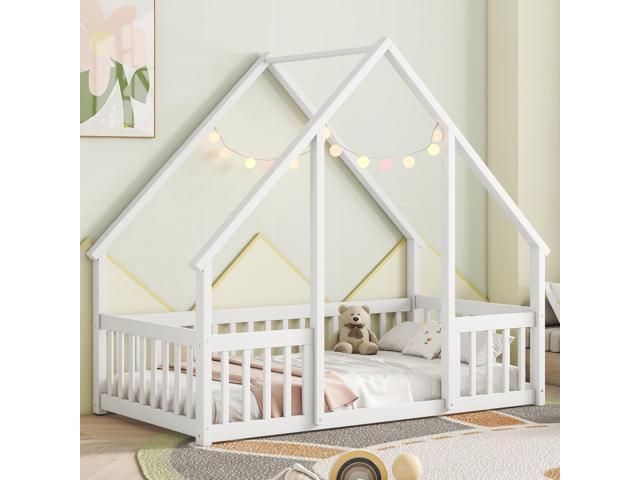 Click here for Twin Wood House-Shaped Floor Bed with Fence  Guard... prices