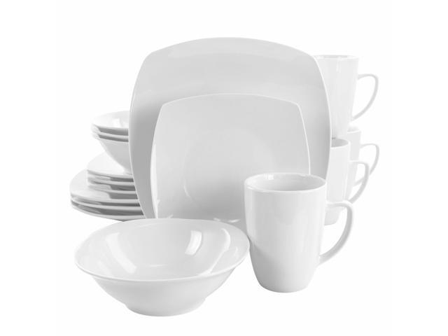 Elama Bishop 16 Piece Soft Square Porcelain Dinnerware Set in White