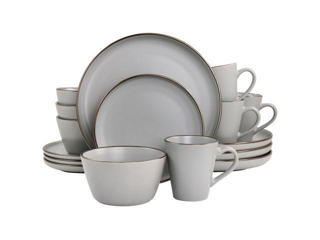 Elama Louis 16 Piece Stoneware Dinnerware Set in Matte Slate with Gold Rim