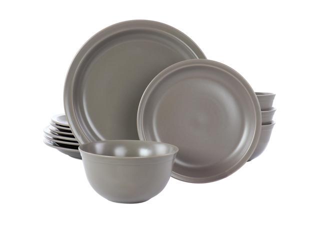 Gibson Home Siam 12 Piece Round Stoneware Dinnerware Set in Warm Grey