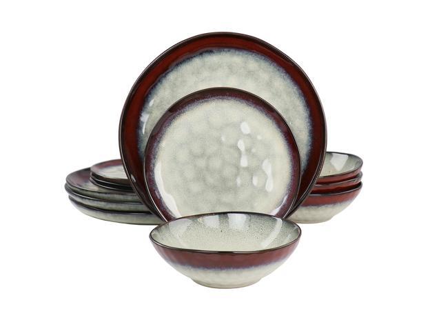 Elama Samara 12 Piece Stoneware Dinnerware Set in Red and Off White