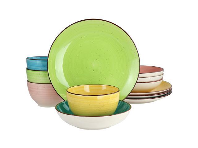 Elama Hudson 12 Piece Double Bowl Stoneware Dinnerware Set in Assorted Colors