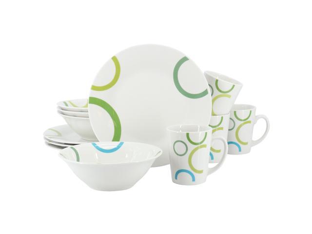 Gibson Home Green Loops 12 Piece Round Fine Ceramic Dinnerware Set in White