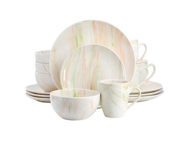Elama Fine Marble 16 Piece Porcelain Dinnerware Set in Orange and Green