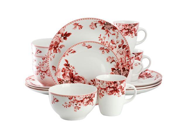 Elama Traditional Red Rose 16 Piece Stoneware Dinnerware Set