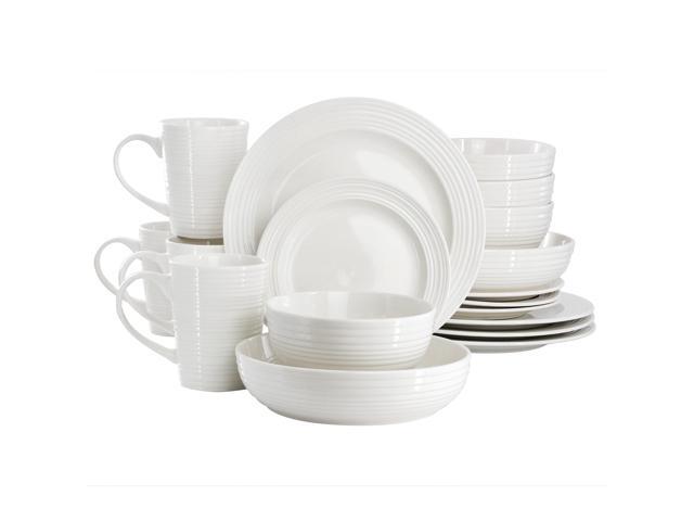 Elama Nikki 18 Piece Ribbed White Porcelain Dinnerware and Serving Bowl Set