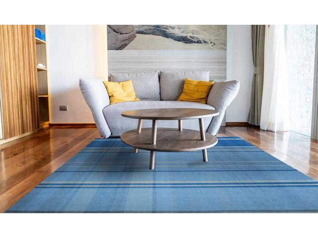 Click here for Hand-Knotted Wool Denim Contemporary Plaid Flat We... prices