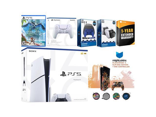 Sony Playstation 5 Slim Disc with Horizon Forbidden West  Extra Volcanic Red Controller  Gamer Kit  Charge Dock and MightySkins Decal Voucher + 1 Year
