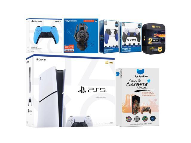 Sony Playstation 5 Slim Disc with Extra Galactic Purple Controller  Plantronics Headset  Trigger Stop Kit  Fps Grip Kit and MightySkins Decal Voucher