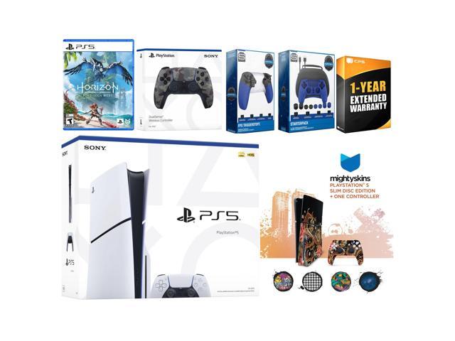 Sony Playstation 5 Slim Disc with Horizon Forbidden West  Extra Controller  Gamer Kit  Trigger Kit and MightySkins Decal Voucher + 1 Year Cps Extended