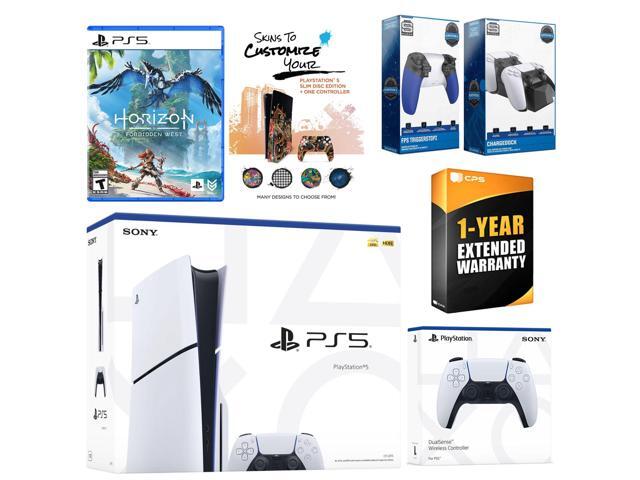 Sony Playstation 5 Slim Disc with Horizon Forbidden West  Extra Controller  Trigger Stop Kit  Charge Dock and MightySkins Decal Voucher + 1 Year Cps E