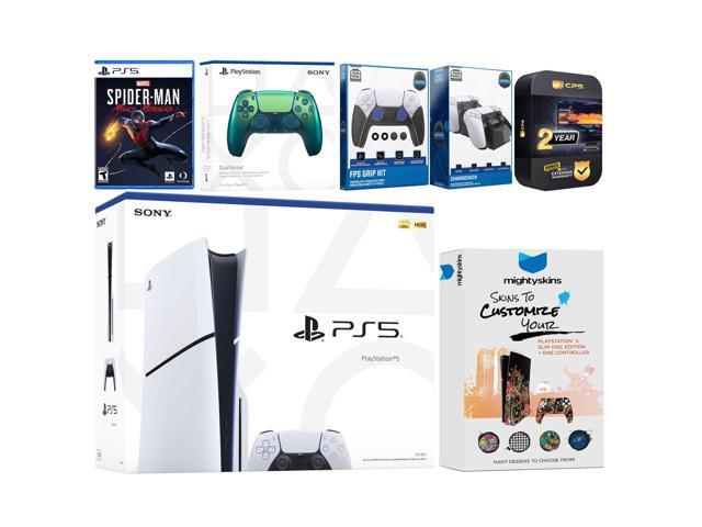 Sony Playstation 5 Slim Disc with Spider-Man: Miles Morales  Extra Volcanic Red Controller  Fps Grip Kit  Charge Dock and MightySkins Decal Voucher +