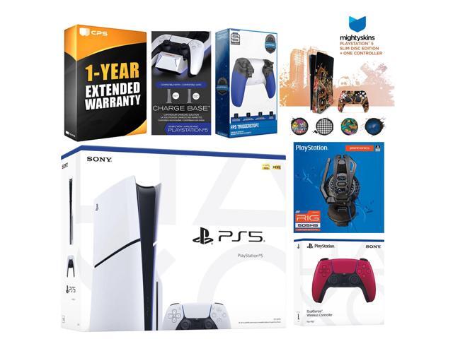 Sony Playstation 5 Slim Disc with Extra Controller  Plantronics Headset  Trigger Stop Kit  Charge Dock and MightySkins Decal Voucher + 1 Year Cps Exte