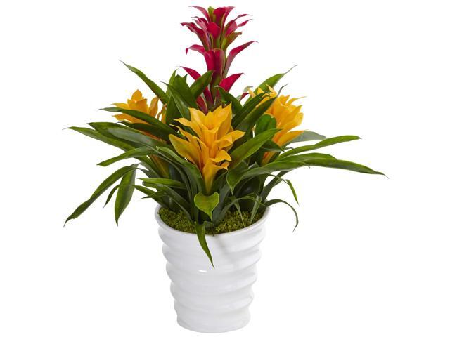 Click here for Nearly Natural 17 Bromeliad in White Swirl Vase prices