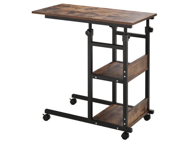 Homcom C-Shaped Mobile Sofa Bed Side Table Adjust Height 3-Tier Cart w/ Brake - Brown