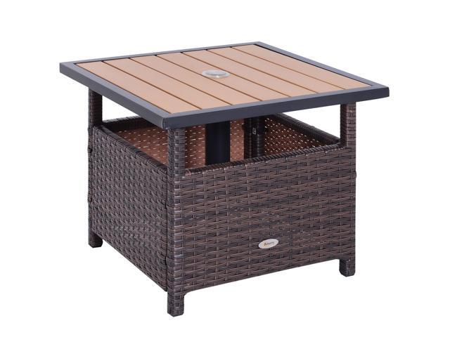 Outsunny 22 Rattan Wicker Side Table with Steel Frame  Umbrella Insert Hole  Sand Bag for Outdoor  Patio  Garden  Backyard  Brown - Brown