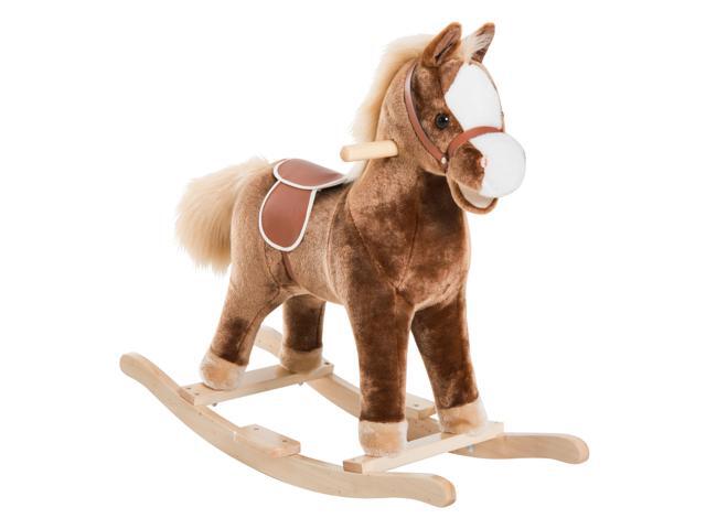Qaba Kids Rocking Horse  Plush Toddler Rocker  Wooden Base Ride On Toy - Brown