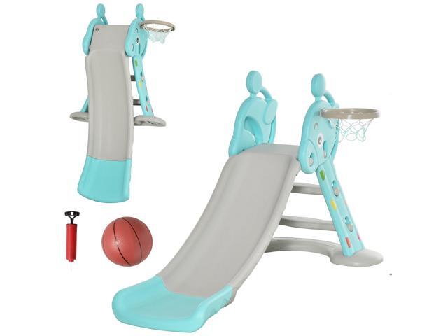 Qaba 2 in 1 Kids Wide Slide with Rails and Basketball Hoop  Blue - Blue
