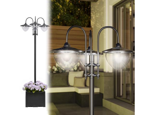 Outsunny 3-head Solar Lamp Post with Planter  Outdoor Led Lighting  - Black