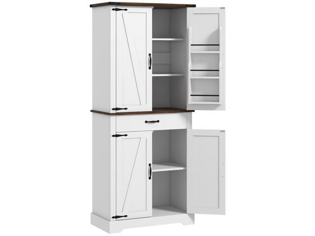 Homcom Farmhouse Kitchen Pantry Storage Cabinet w/ Doo Shelves  Drawer - White
