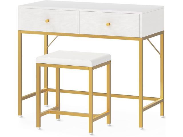 Click here for SUPERJARE 35.4 White and Gold Desk with 2 Drawers... prices
