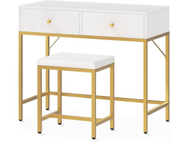 Click here for SUPERJARE 35.4 White and Gold Desk with 2 Drawers... prices