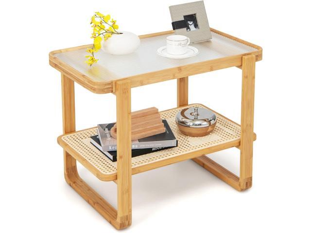 Click here for GOFLAME Bamboo Side Table with Glass Top  2-Tier E... prices