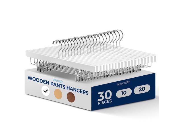 SereneLife 30 Pcs. Premium Wooden Pants Hangers - Heavy Duty Hanger Set with Chrome 360° Swivel Hook (White - White