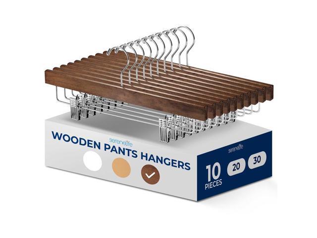 SereneLife 10 Pcs. Premium Wooden Pants Hangers - Heavy Duty Hanger Set with Chrome 360° Swivel Hook (Retro) - Brown