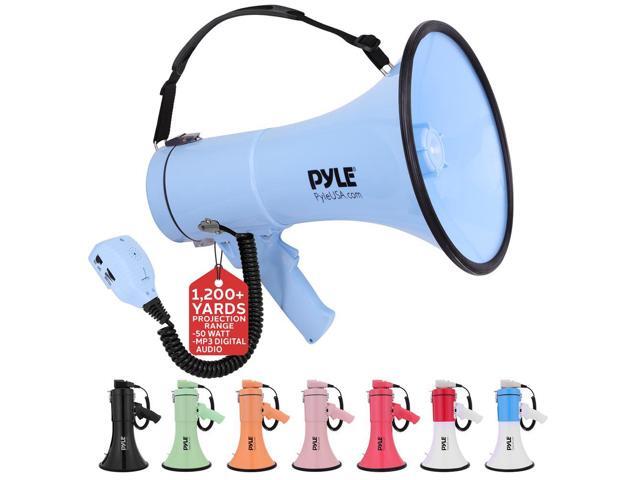 Pyle 50-Watt Portable Megaphone with Siren  MP3 Input  Automatic Siren  Shoulder Strap  Lightweight - Blue
