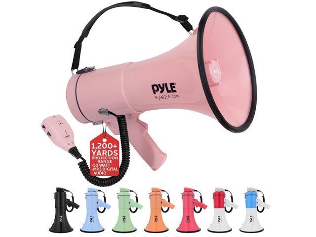 Pyle PMPRA514PK Portable Speaker Bullhorn Megaphone with Siren  50-Watt  Aux Input  Handheld Mic  Pink