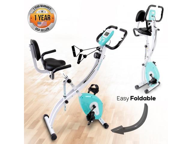 SereneLife Folding Digital Exercise Bike with Pulse Monitor and Resistance Bands - White