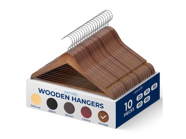 10 Pcs. Wooden Hangers - Non-Slip  Sturdy  and Heavy Duty Suit Hanger Set with Chrome 360° Swivel Hook (Vintage) - Brown
