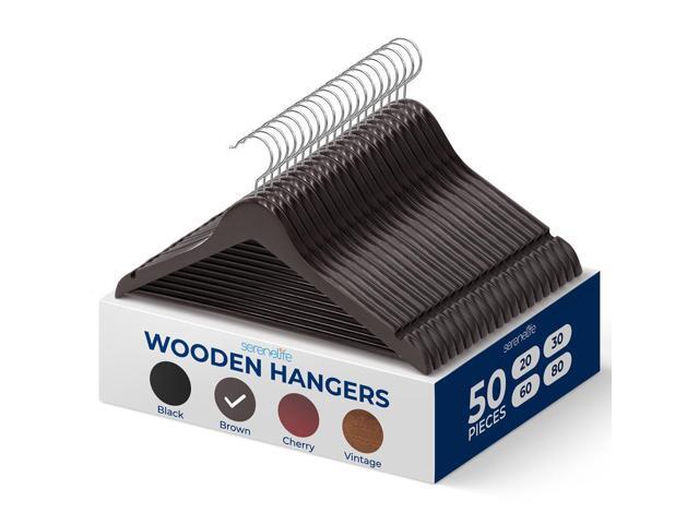 SereneLife 50-Pack Wooden Coat Hangers – Durable Suit Hangers with 360° Swivel Hook & Notches – Slim Design for Shirts  Jackets  Dr