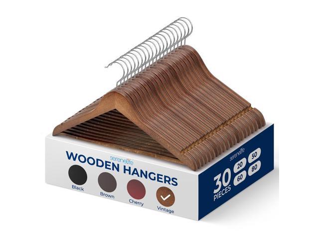 SereneLife 30-Pack Wooden Clothes Hangers – Heavy-Duty with Non-Slip Notches  360° Swivel Hook & Pants Bar  Vintage Finish - Brown