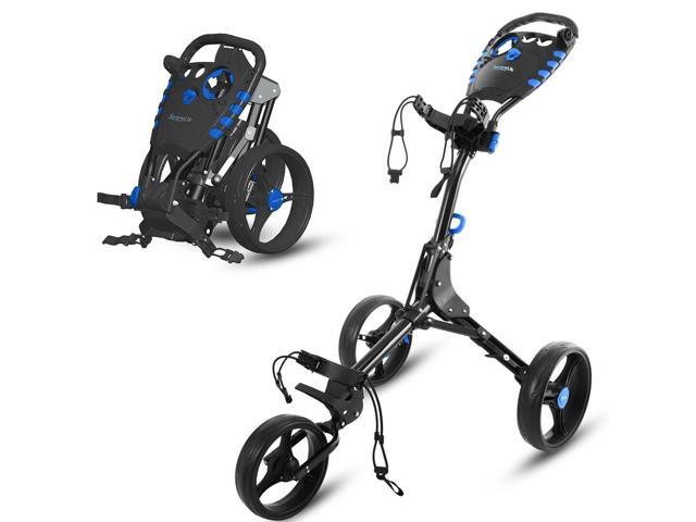 SereneLife Foldable 3-Wheel Golf Push Cart with Scorecard and Cup Holder - Black
