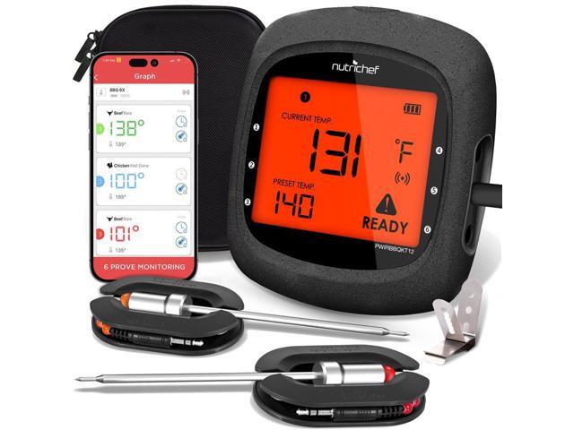 NutriChef Bluetooth Wireless Bbq Digital Thermometer - Includes 2 Temperature Probes and Travel Case with Digital Lcd Display Screen - Black