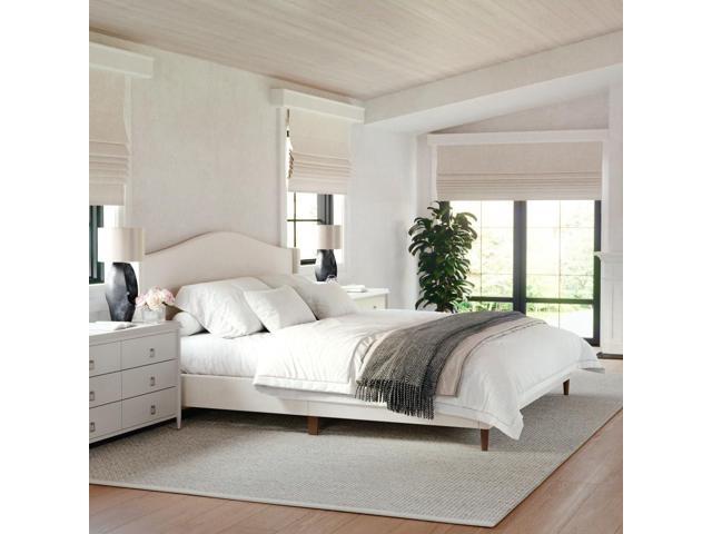 Martha Stewart Amelia Platform Bed with Curved Headboard and Cushioned Side Rails  Faux Linen Upholstery  Wood Slat Foundation  No Box Spring...