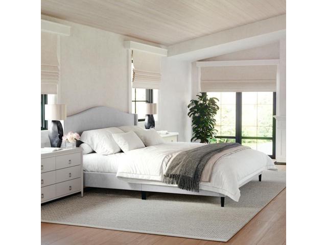 Martha Stewart Amelia Platform Bed with Curved Headboard and Cushioned Side Rails  Faux Linen Upholstery  Wood Slat Foundation  No Box Spring...