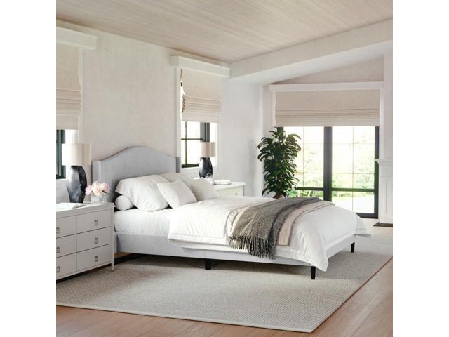 Martha Stewart Amelia Platform Bed with Curved Headboard and Cushioned Side Rails  Faux Linen Upholstery  Wood Slat Foundation  No Box Spring...