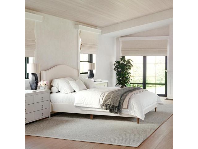 Martha Stewart Amelia Platform Bed with Curved Headboard and Cushioned Side Rails  Faux Linen Upholstery  Wood Slat Foundation  No Box Spring...