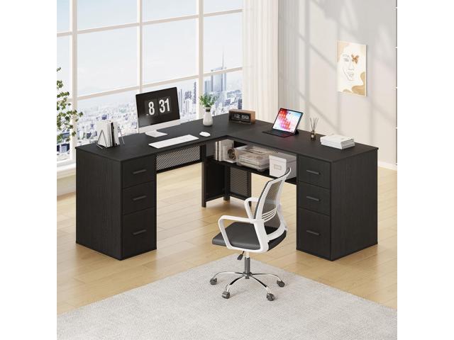 Click here for HSH Black L Shaped Desk with File Drawers Shelves... prices