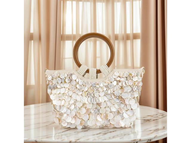Click here for Shell Beaded Clutch Purse Wooden Handle Evening Ha... prices