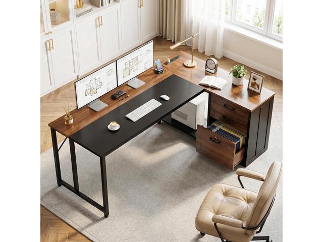 Click here for AODK 61 L Shaped Office Desk with Wood Drawers & L... prices
