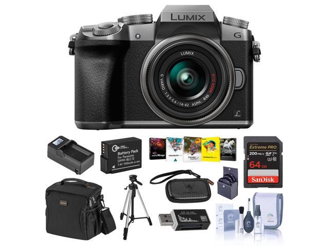 Panasonic Lumix Dmc-G7 Mirrorless Micro Four Thirds Camera with 14-42mm Lens  Silver - Bundle with Camera Case  64GB Sdxc U3 Card  Spare Battery  - Si