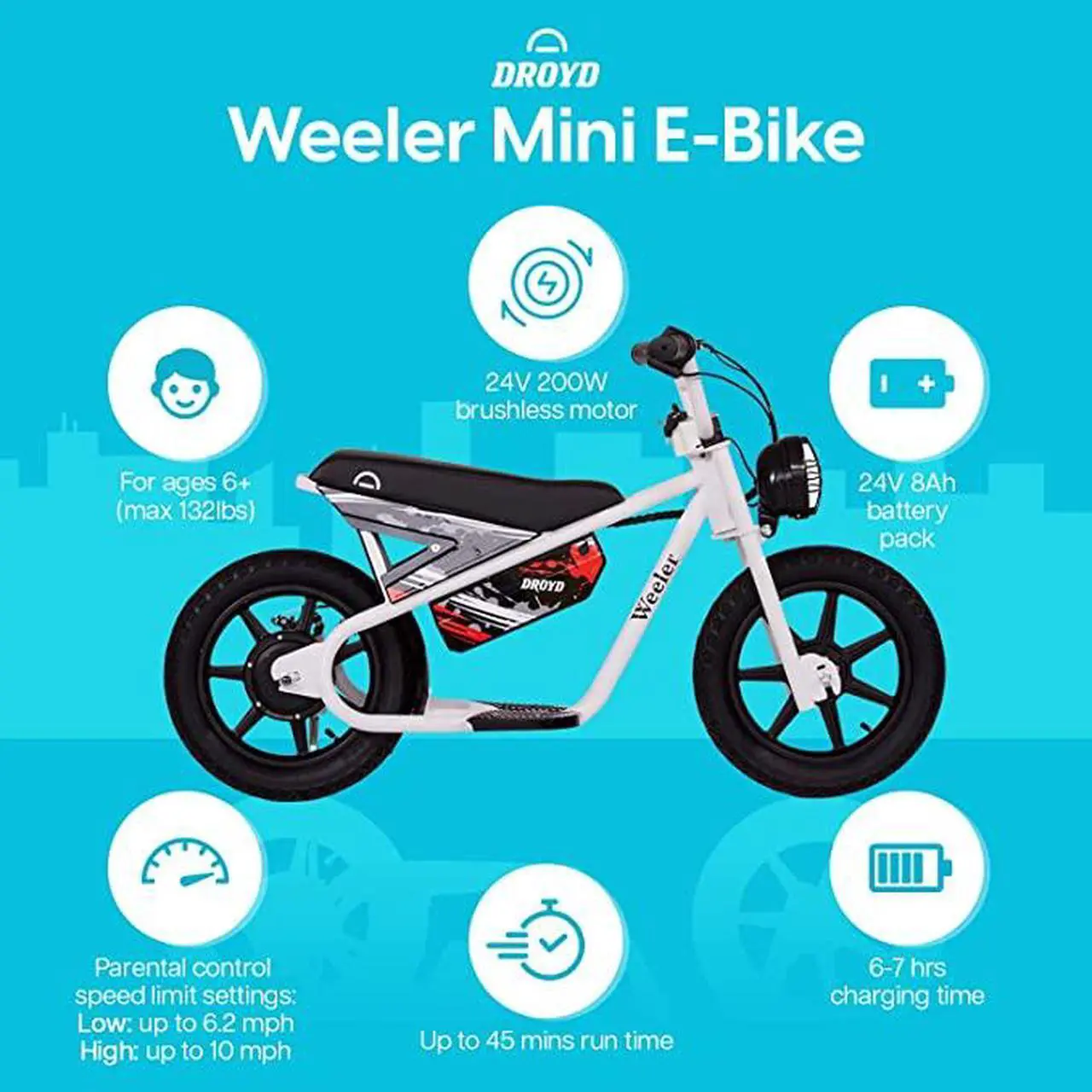 Droyd Weeler Electric Mini Bike for Kids age 6 and Up and 6.2 - 10 MPH ...