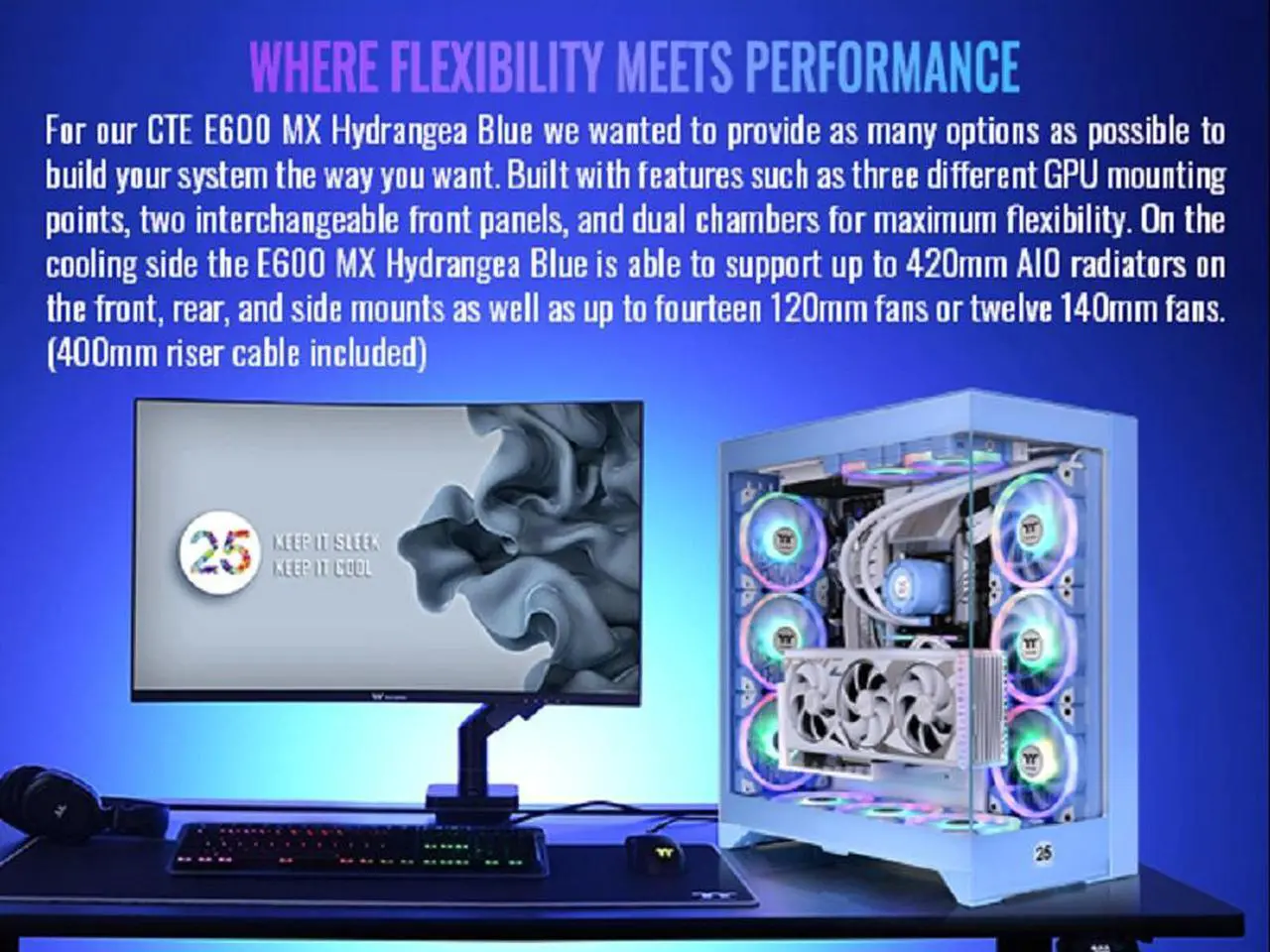 Thermaltake CTE E600 MX Hydrangea Blue Mid Tower E-ATX Case with Centralized Thermal Efficiency ...