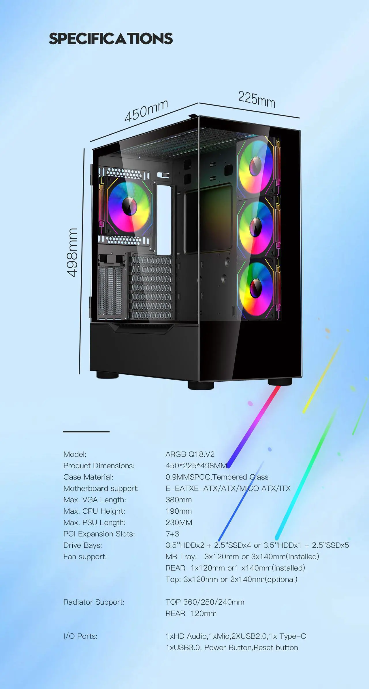 DIYPC ARGB-Q18.V2-BK Black USB3.0 ATX Mid Tower Gaming Computer Case w ...