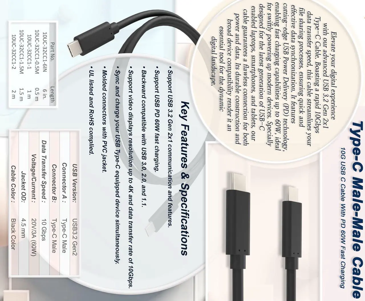 Nippon Labs 6 Inch USB 3.2 Gen 2x1 10G Type-C Male to Male Cable With USB PD Fast Charging, 10G ...